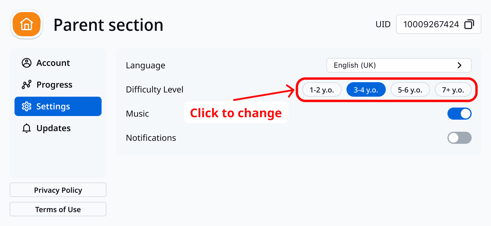 How can I change the level of difficulty or my child's age ...